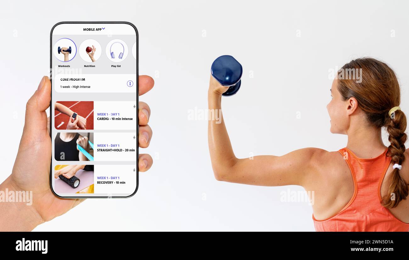 Personal digital fitness coach mobile app interface on screen of ...