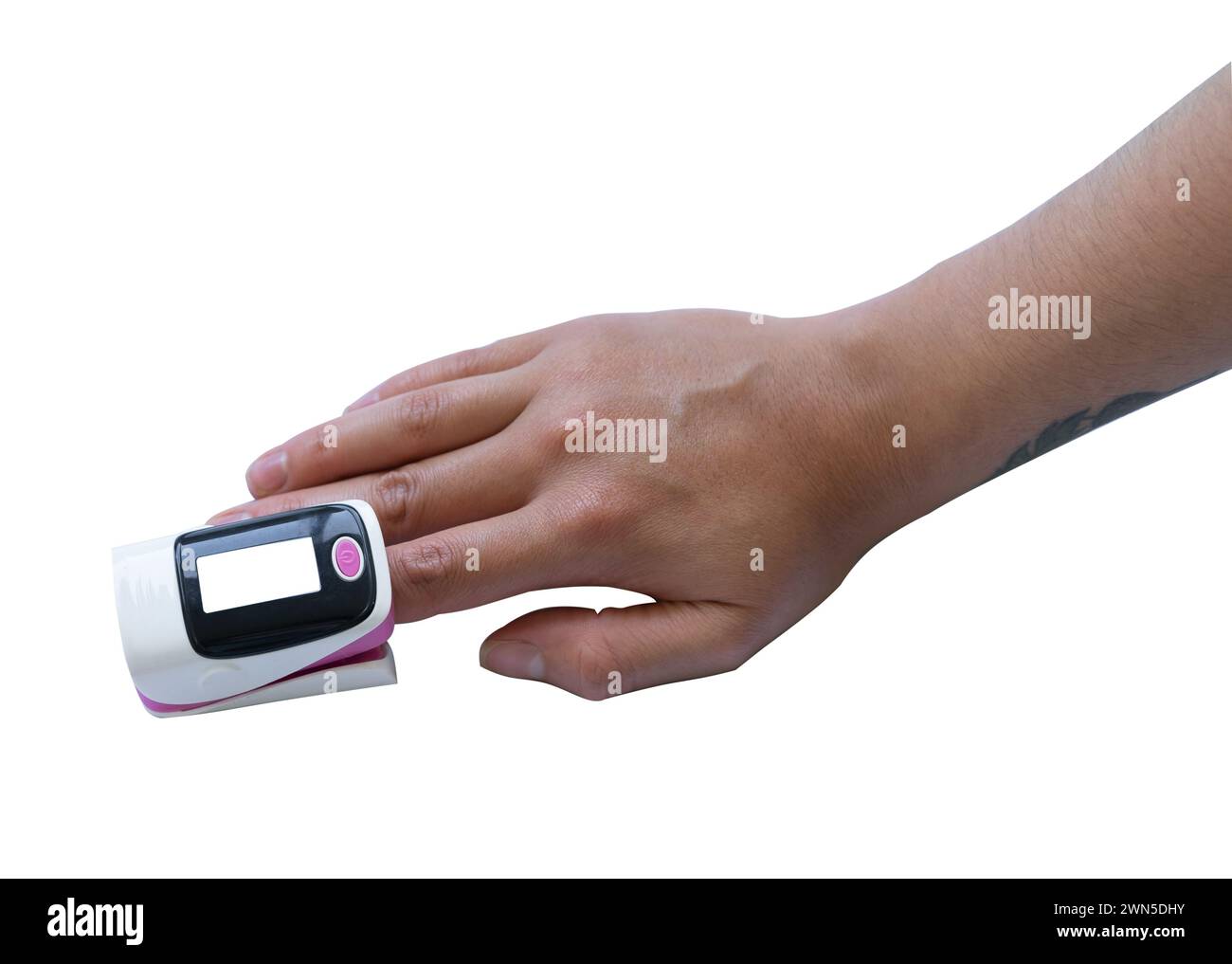 Pulse oximeter on a finger taking measurements. Isolated from the ...