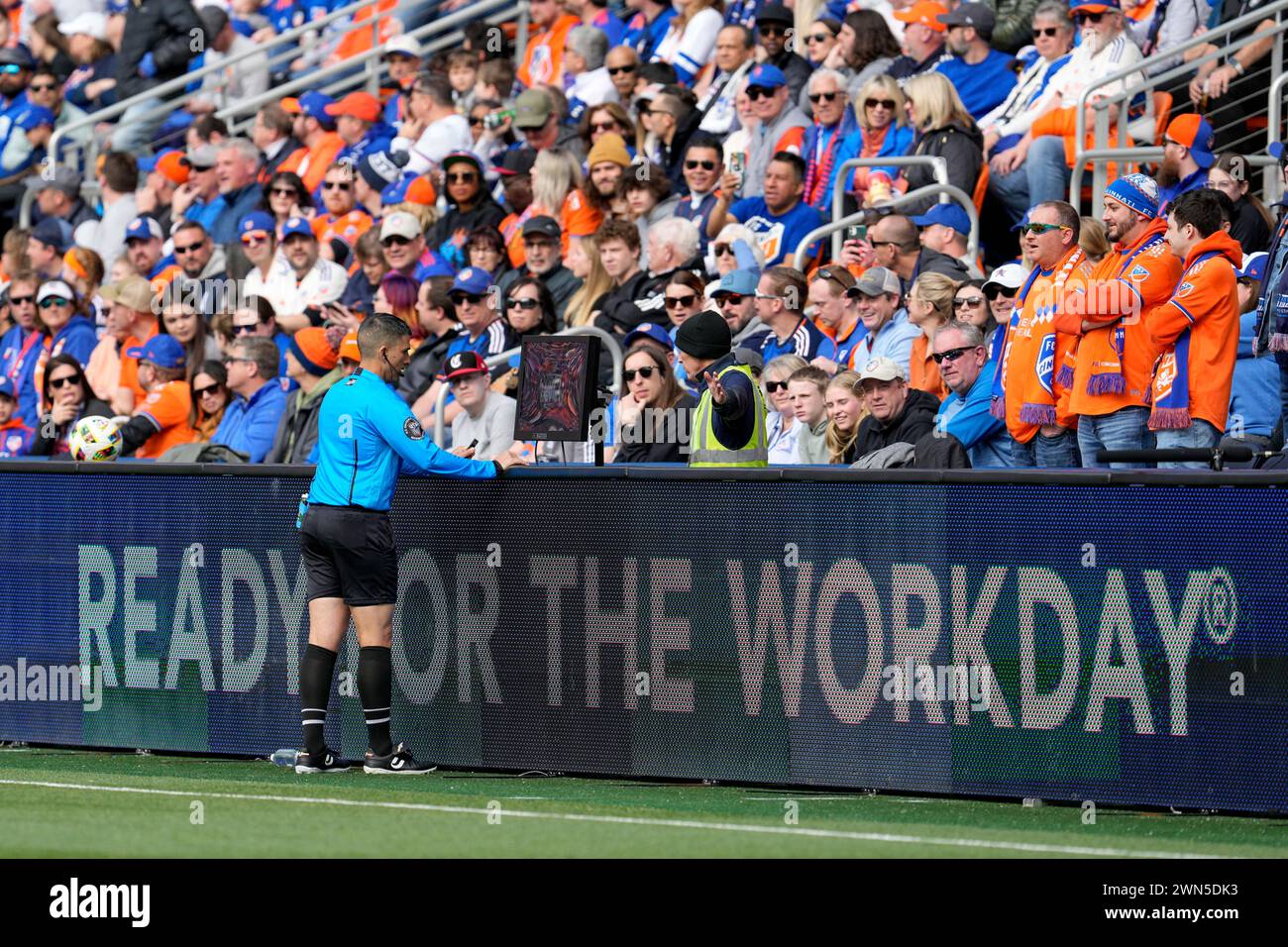 An official consults a VAR monitor during the first half of an MLS ...
