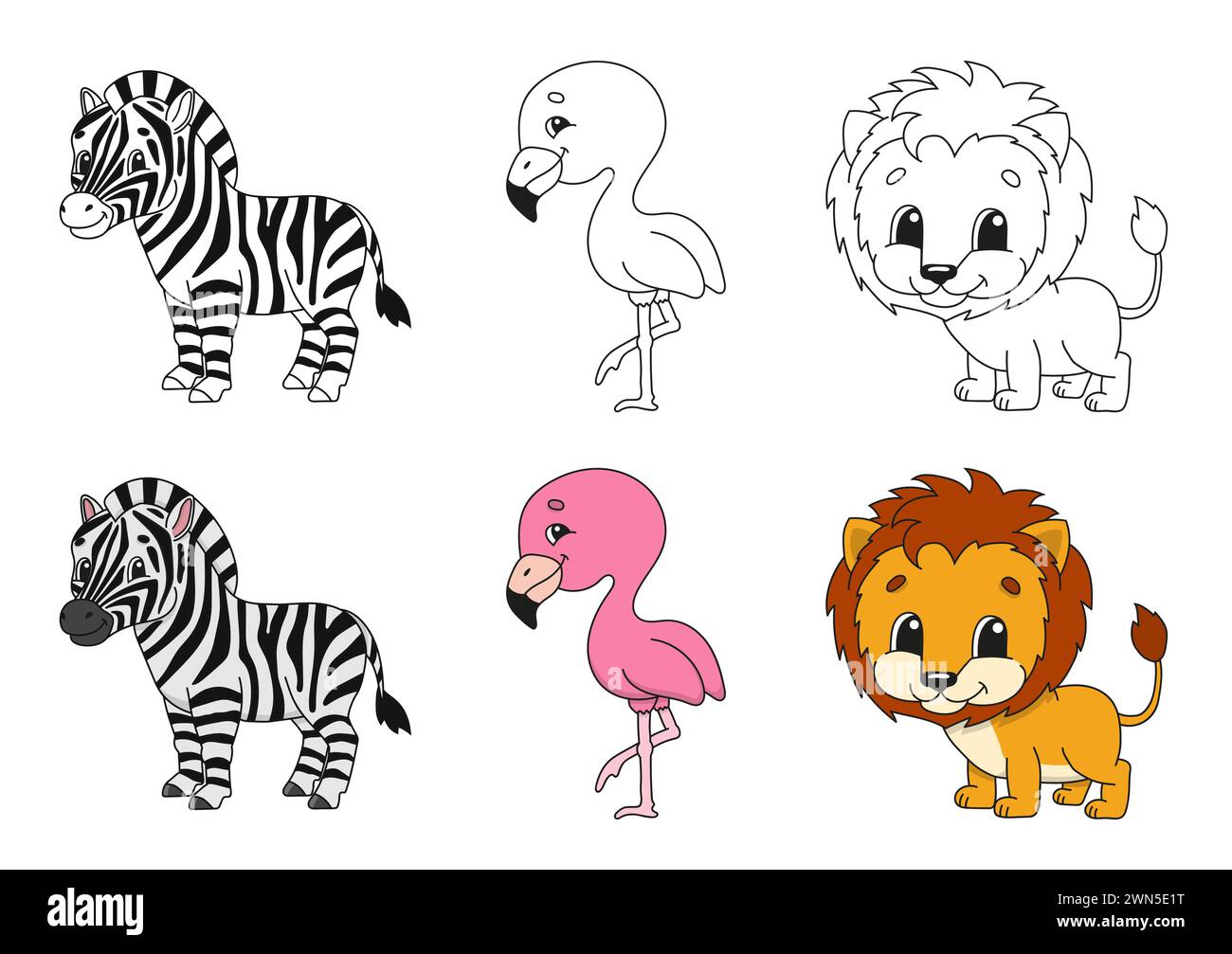 Set coloring page for kids. Cute cartoon characters. Black stroke. With ...