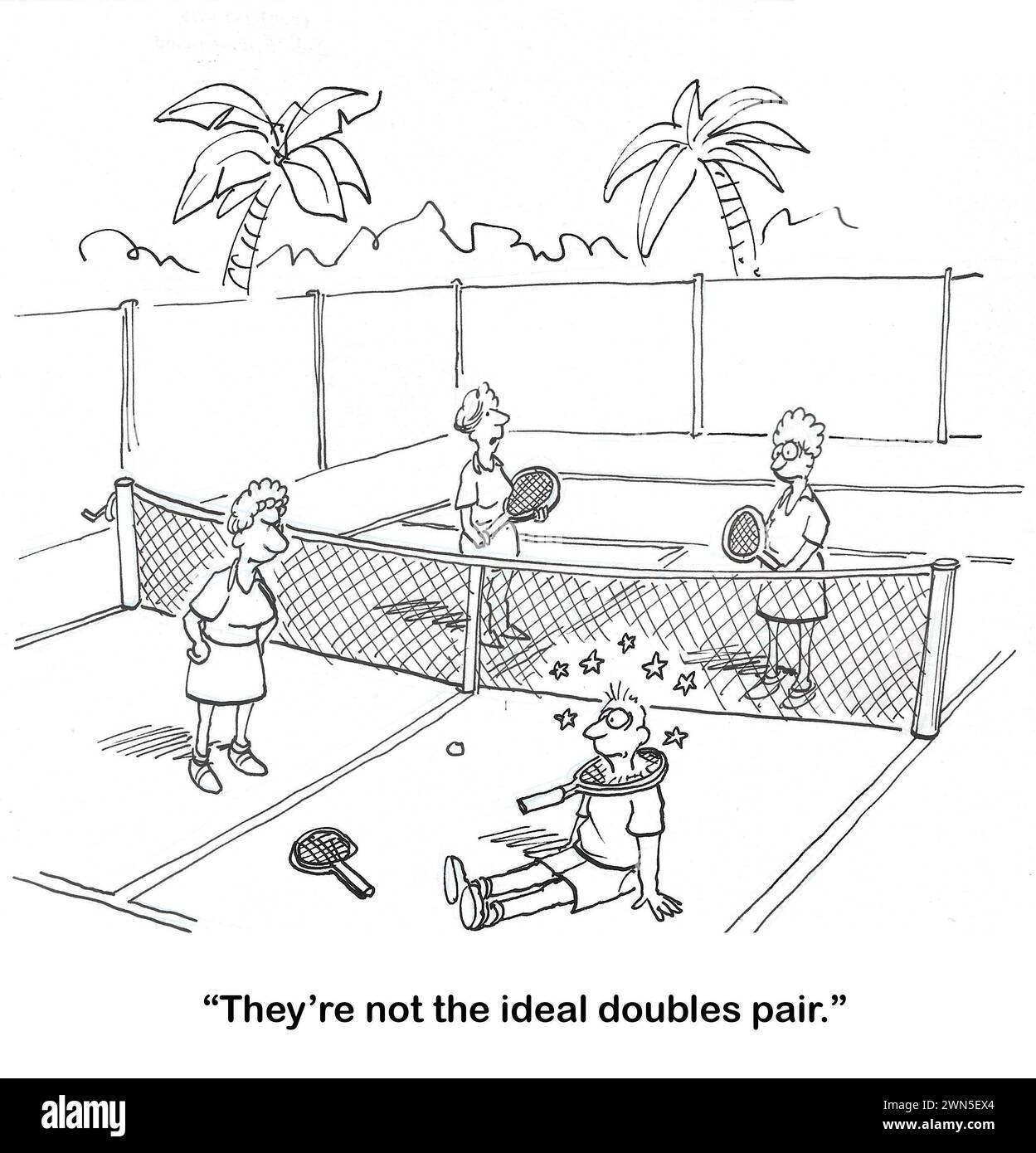 BW cartoon of a tennis doubles pair who, unfortunately, do not get ...