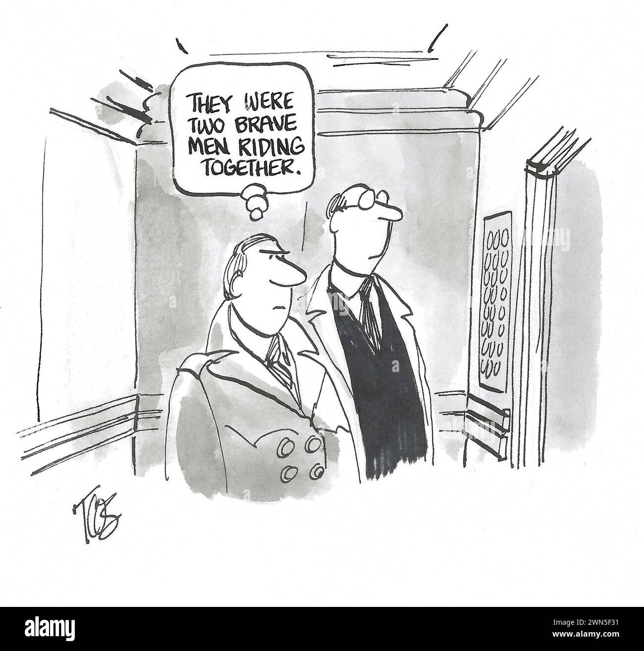 BW cartoon of two professional men bravely riding in a high-rise ...