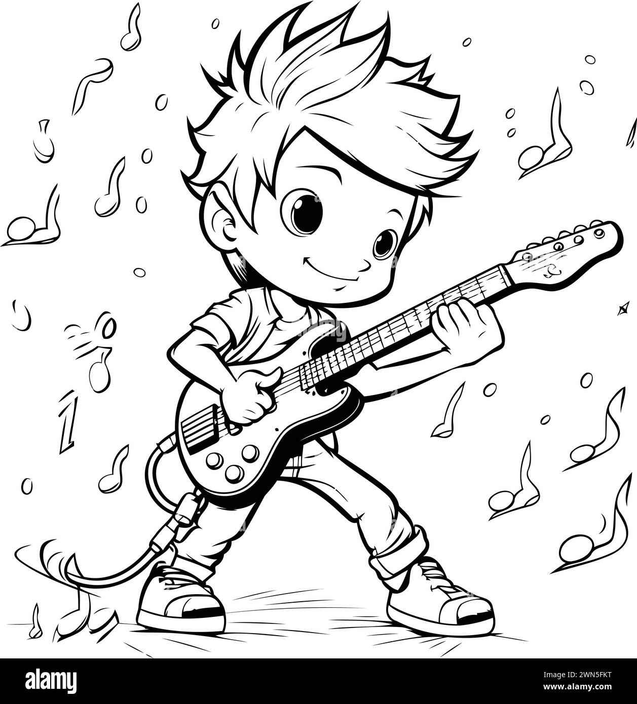 Boy guitar cartoon illustration Black and White Stock Photos & Images ...