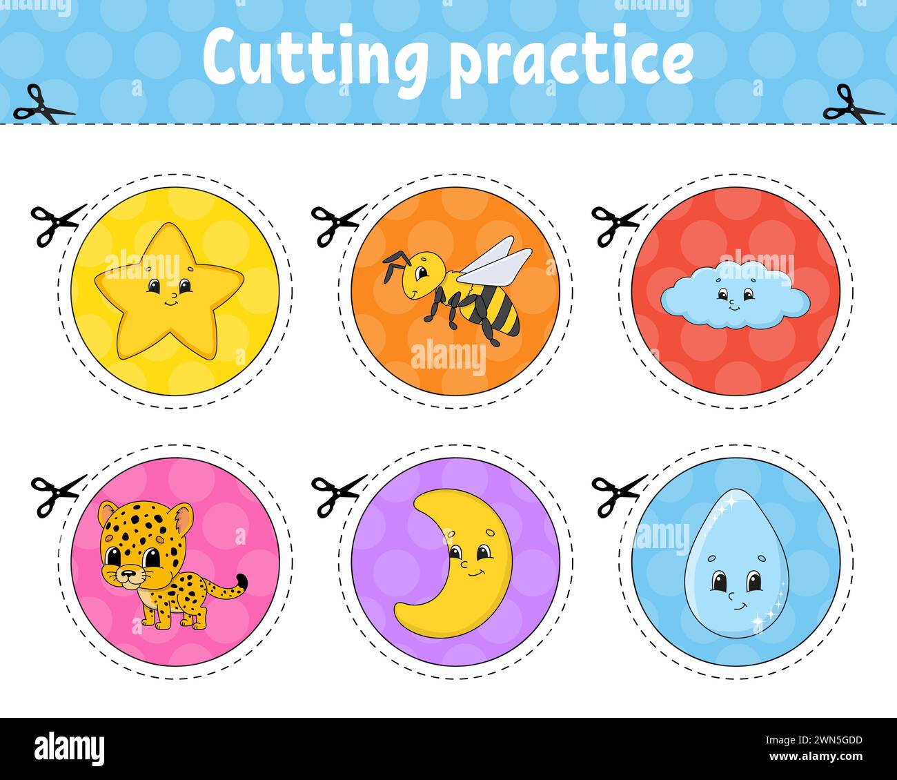 Cutting practice. Sticker sheet. Educational activity worksheet for ...