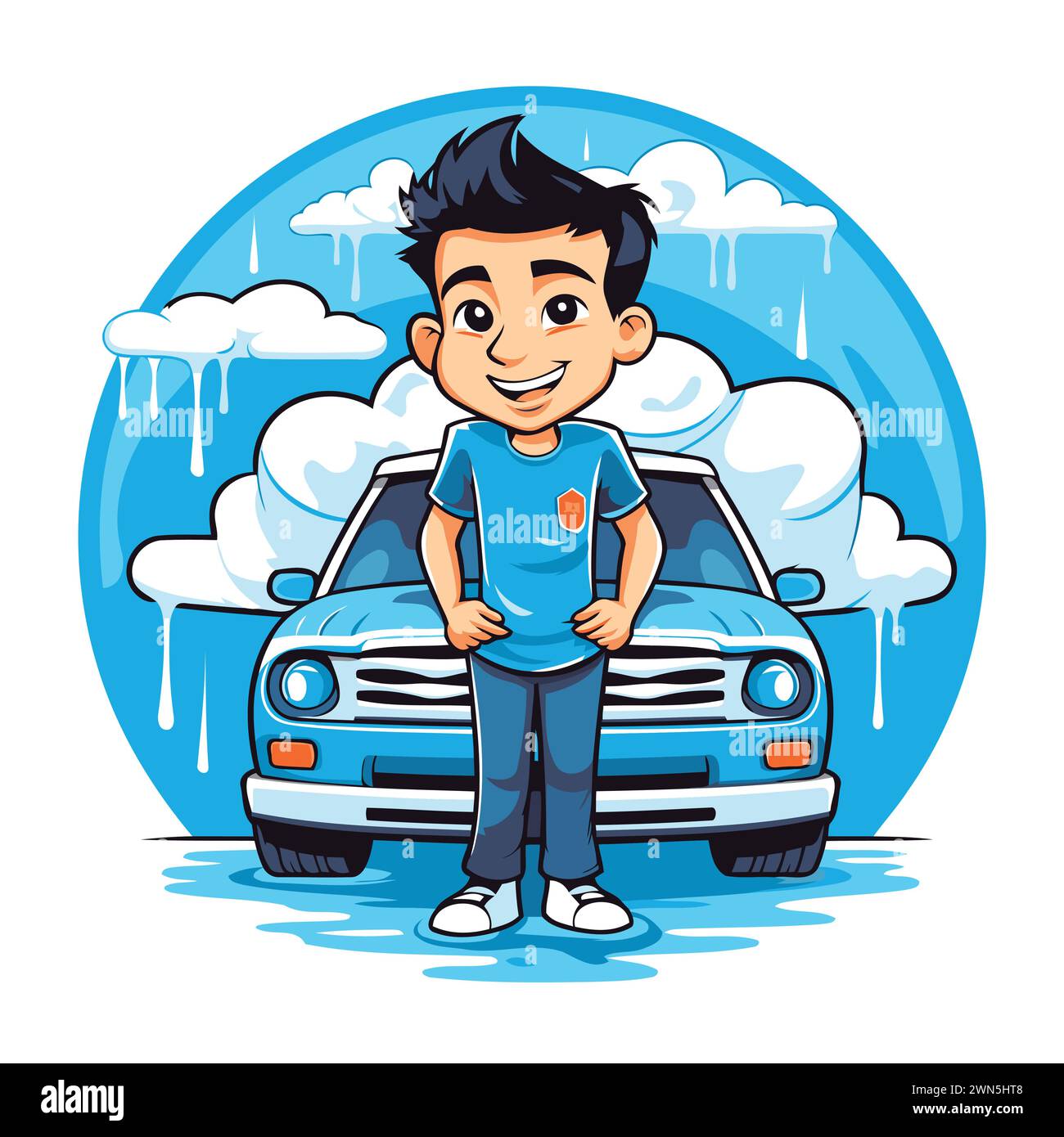 Cartoon boy standing next to his car. Vector illustration on white ...