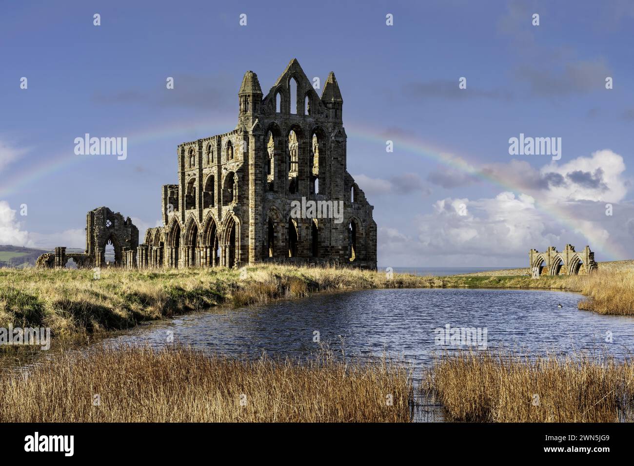 whitby abbey north yorkshire looking across the pond towards the east ...