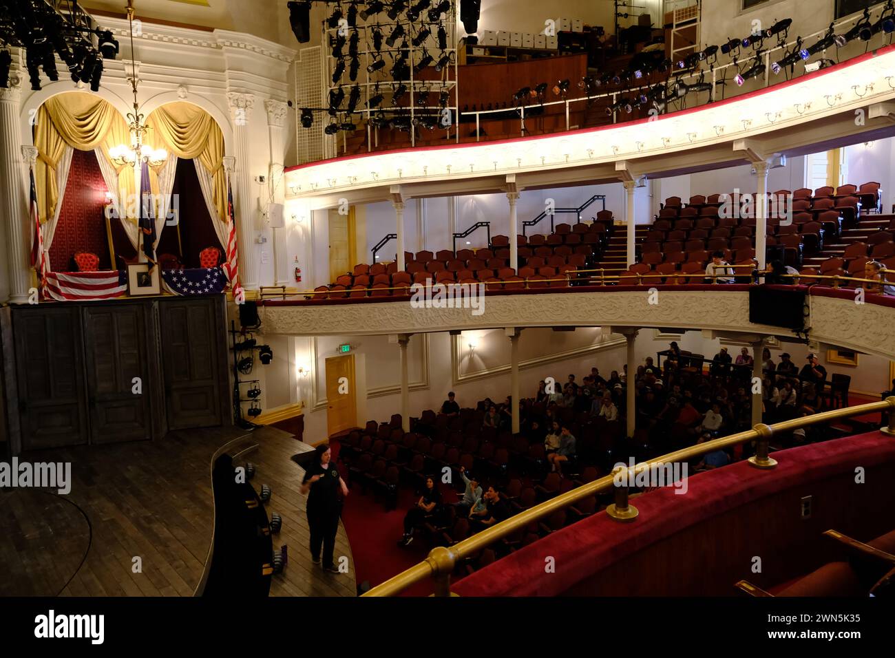 The interior view of audience seats and Abraham Lincoln's presidential ...