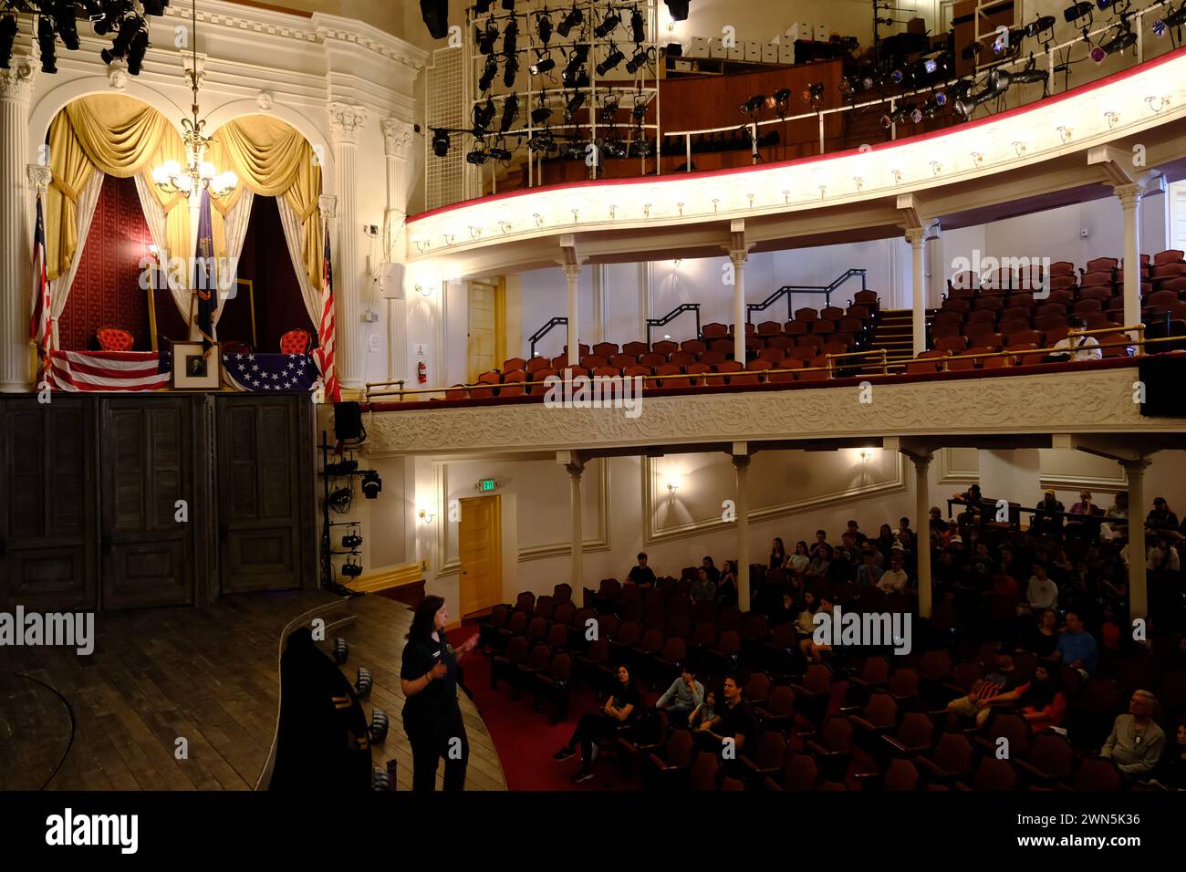 The interior view of audience seats and Abraham Lincoln's presidential ...