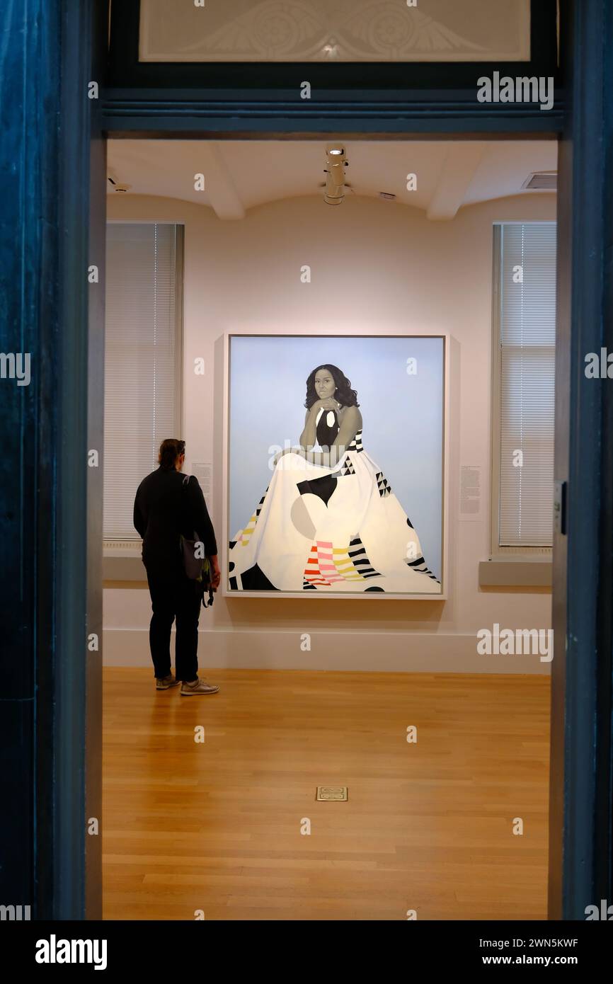 The portrait "Michelle LaVaughn Robinson Obama" by Amy Sherald display ...