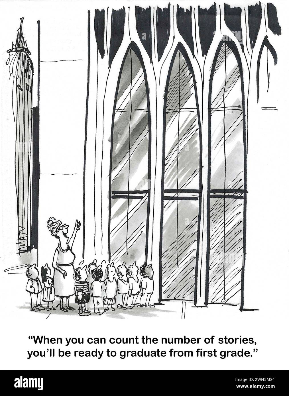 BW cartoon showing a first grade class on a field trip and their test ...