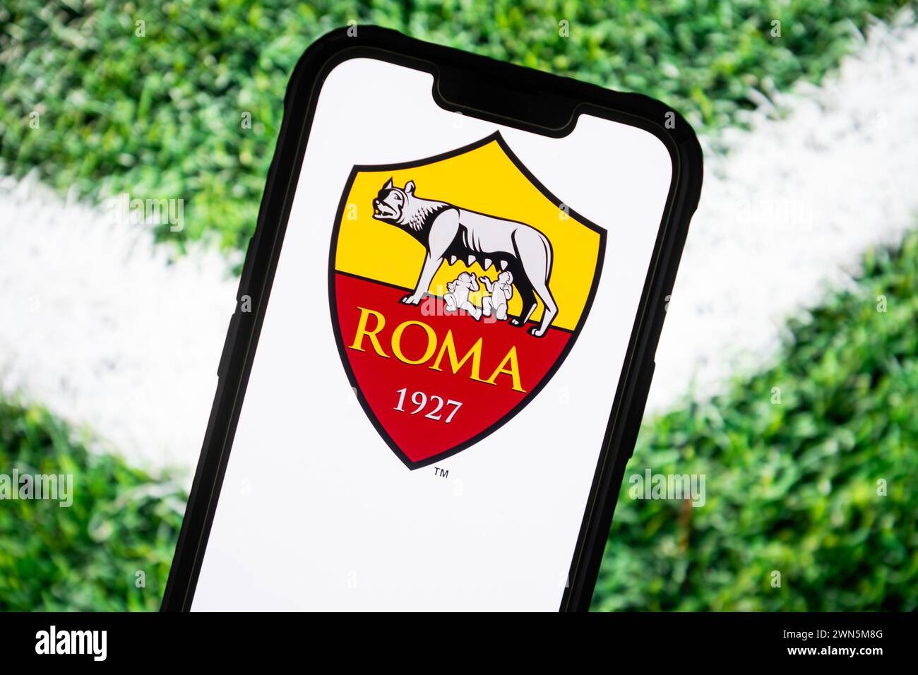 In this photo illustration, the AS Roma football club logo seen ...