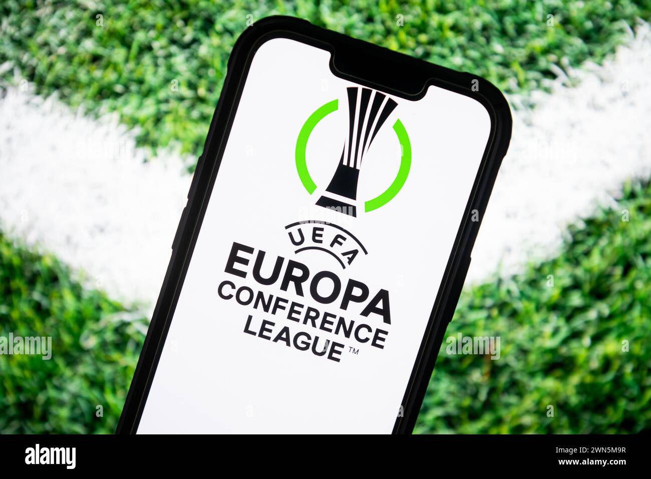 In this photo illustration, the UEFA Europa Conference League logo seen ...