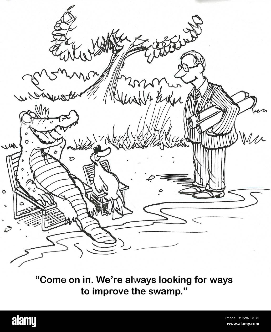 BW cartoon of an alligator saying to the human that the wildlife want ...
