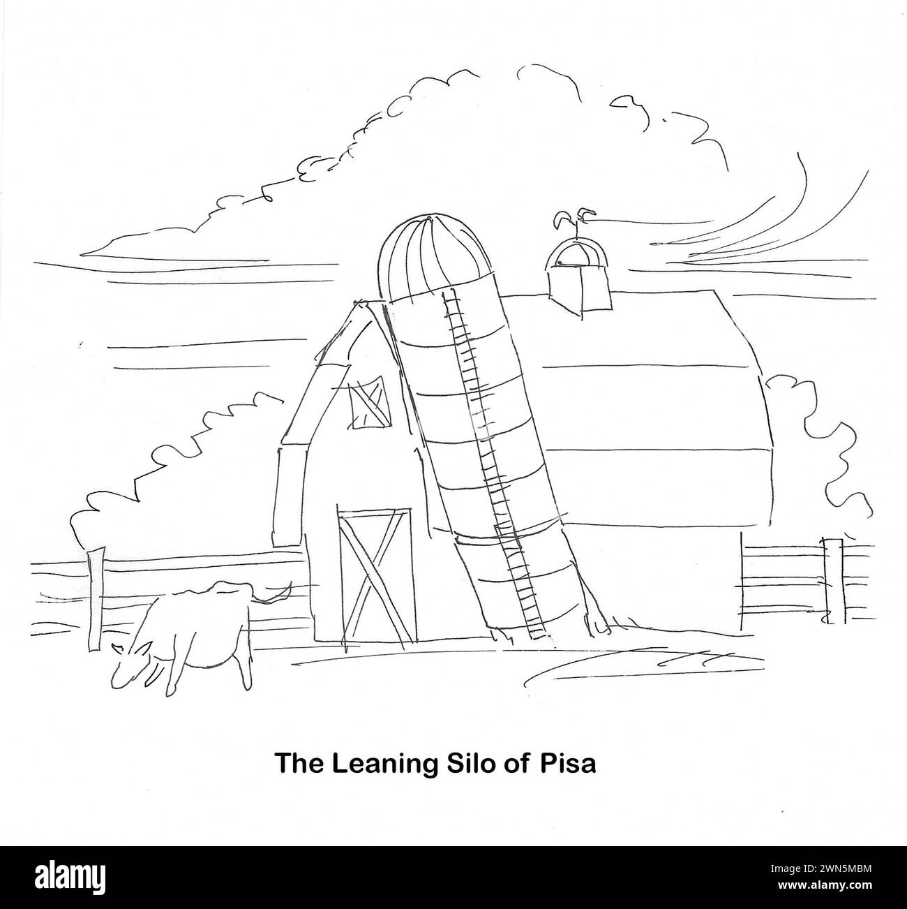 BW cartoon showing that the farm's silo is leaning over and about to ...