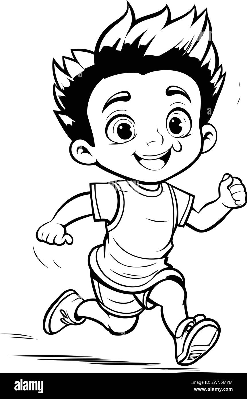 Black and white cartoon illustration of a boy running in a hurry Stock ...