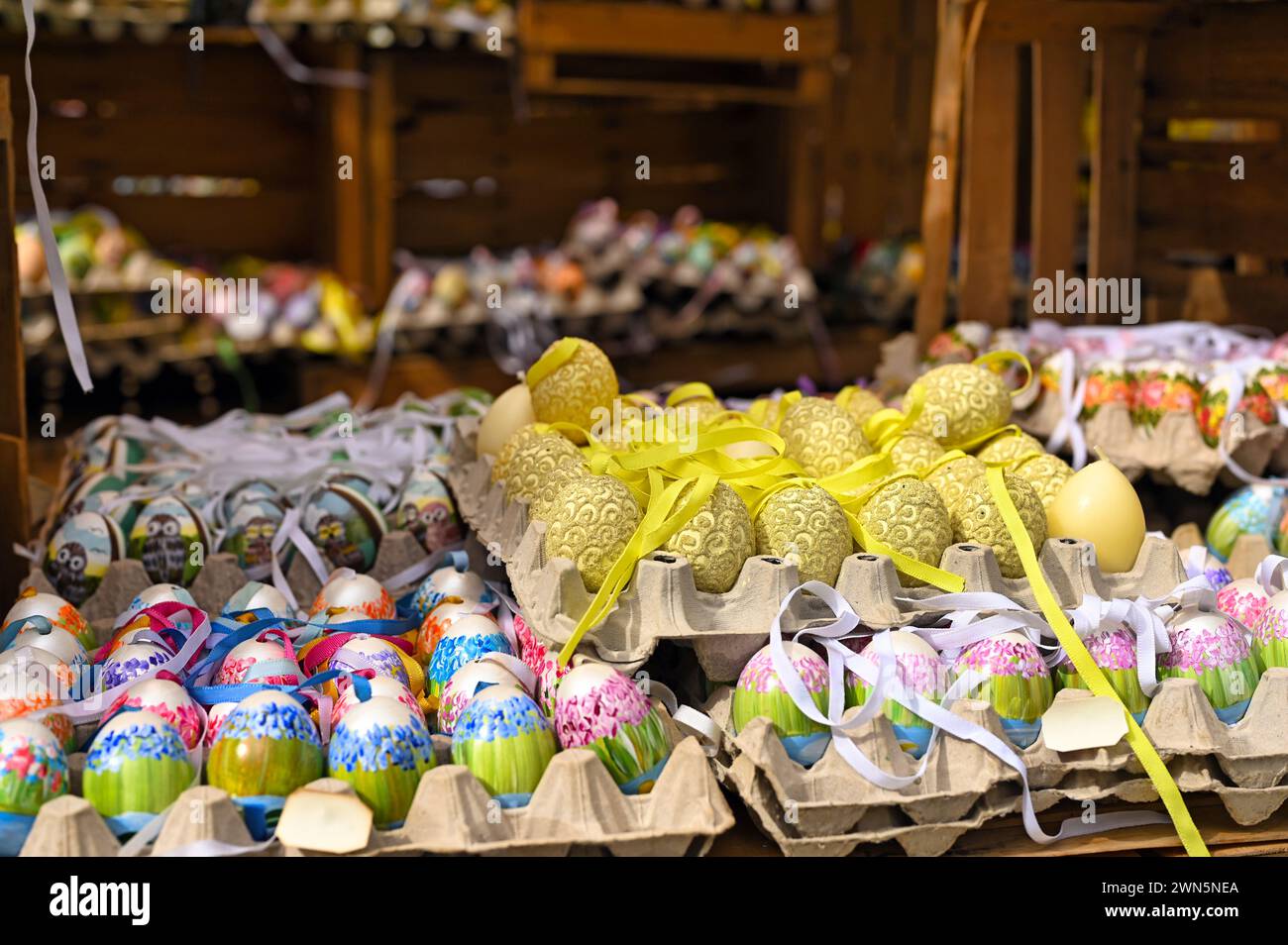 Traditional Easter market with colorful and painted easter eggs in ...