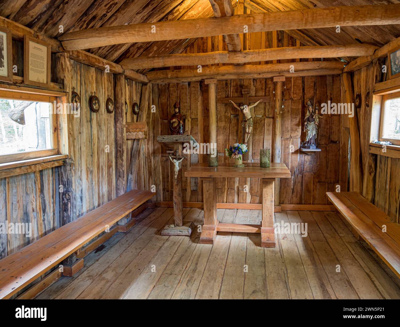 Interior of wooden chapel built by padre Ronchi, near Villa o' Higgins ...