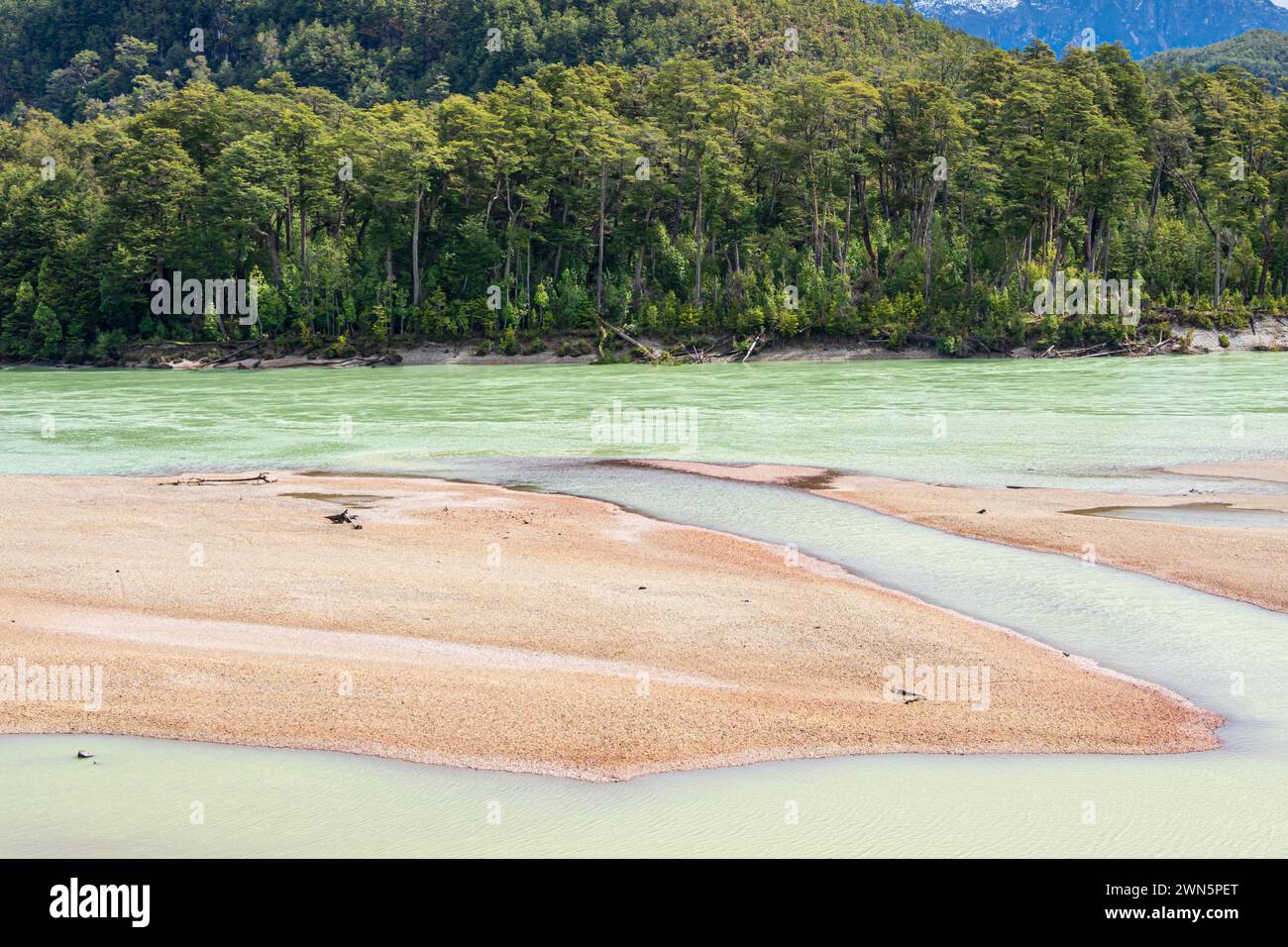 Sandbank in river Rio Baker upstream village Caleta Tortel, road ...