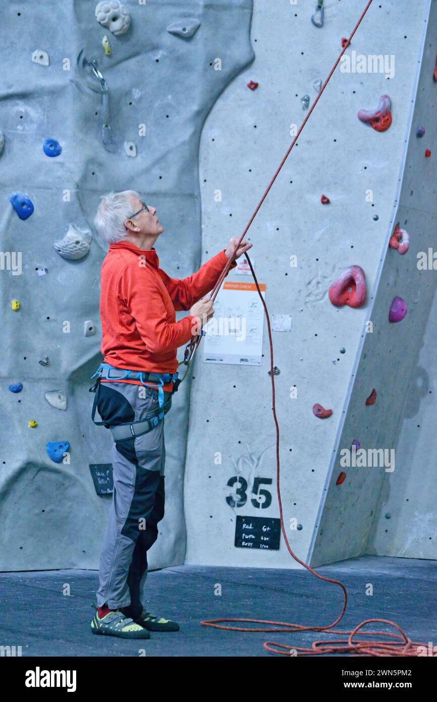 Older climber belaying his partner at an indoor climbing wall Stock ...