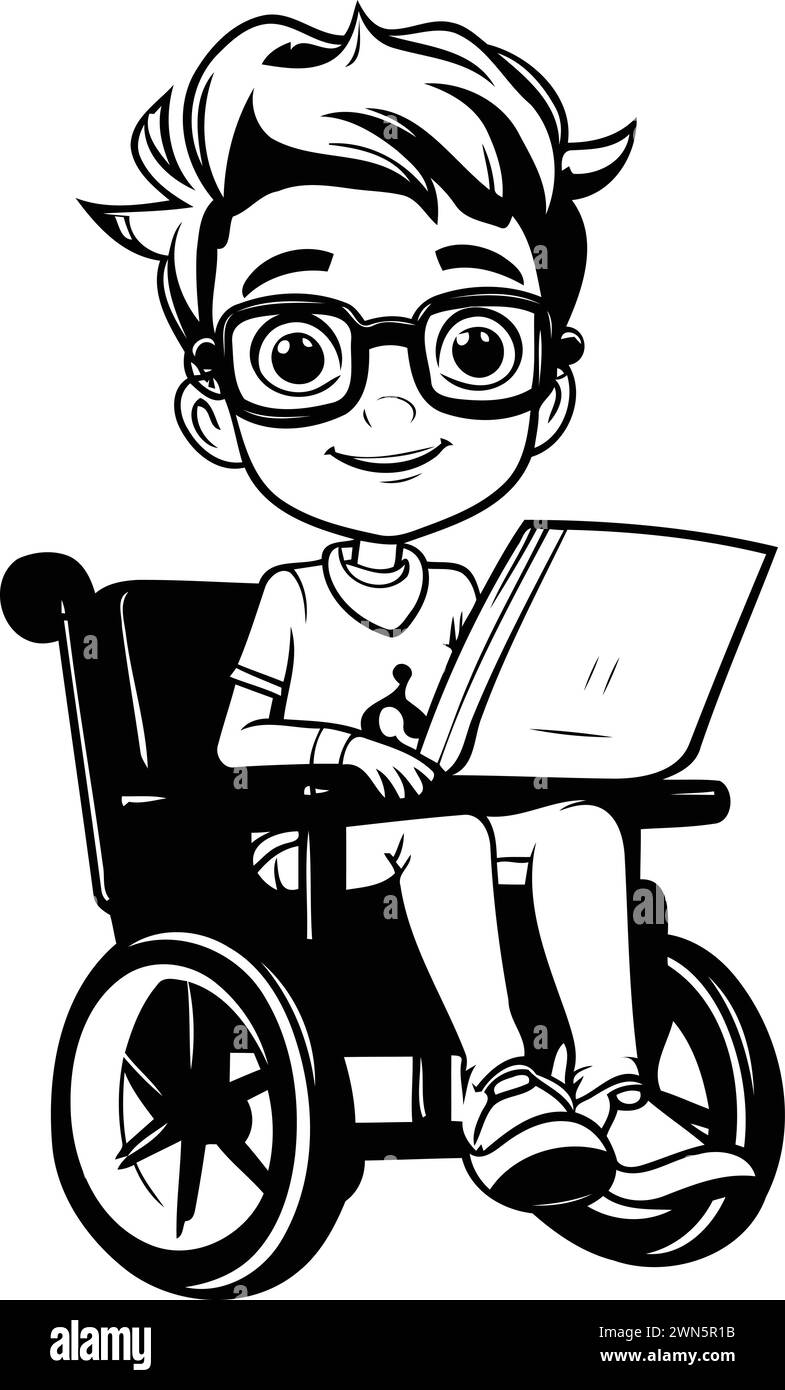 Boy in wheelchair with laptop. Vector illustration of a cartoon ...