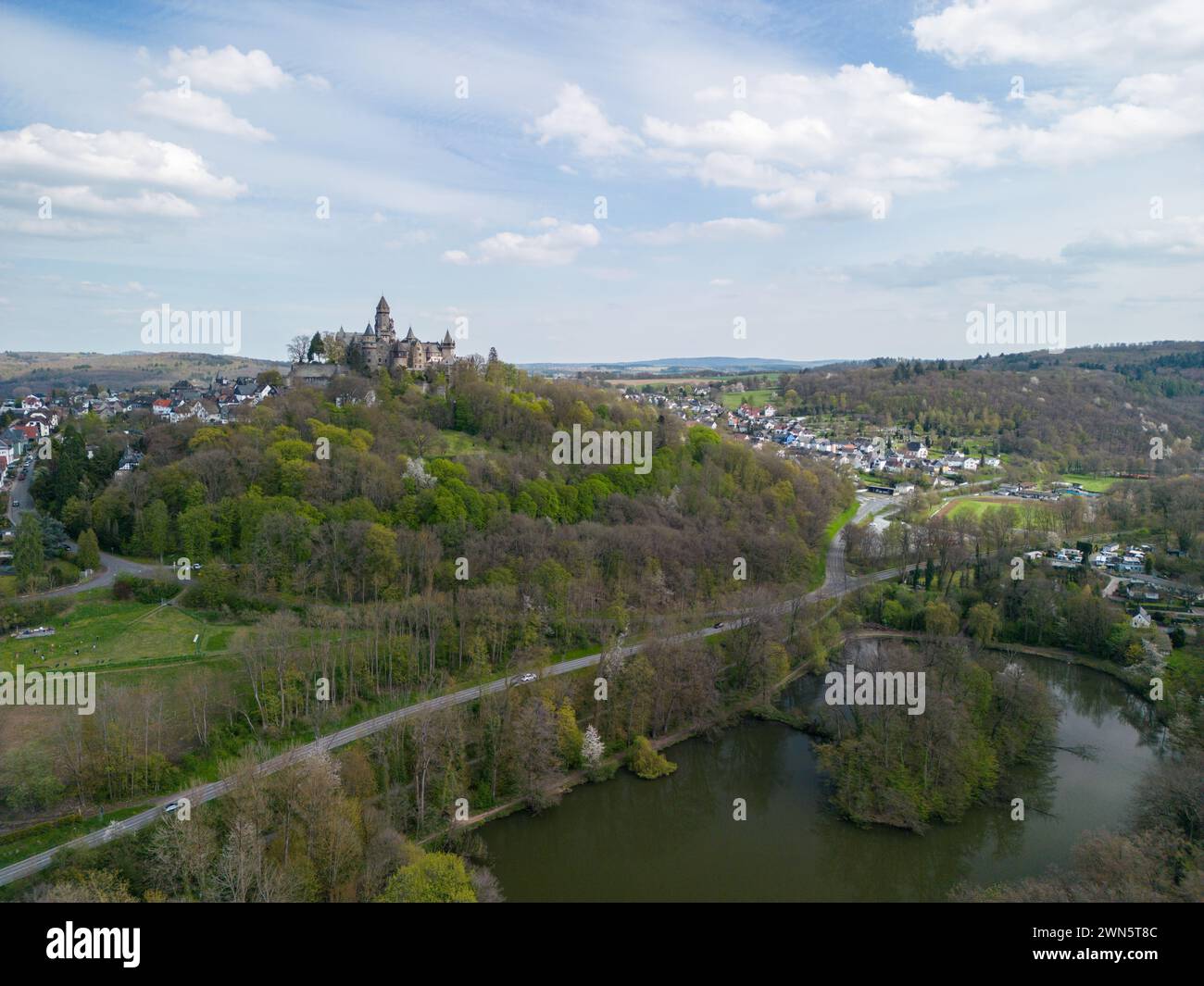 Aerial view of the Castle Braunfels, with Hubertusturm, Neuer Bergfried ...