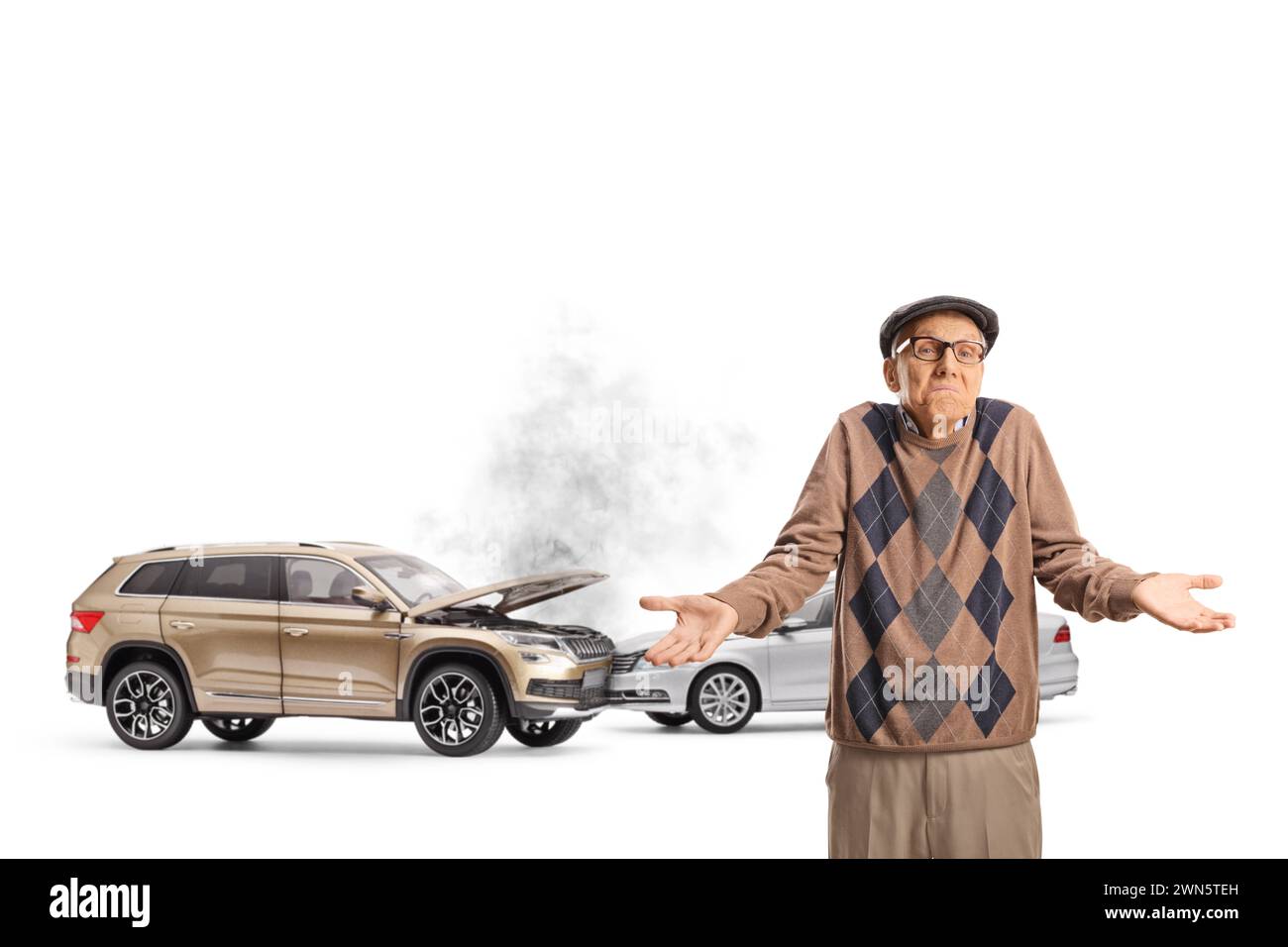 Confused elderly man standing in front of a car crash isolated on white ...