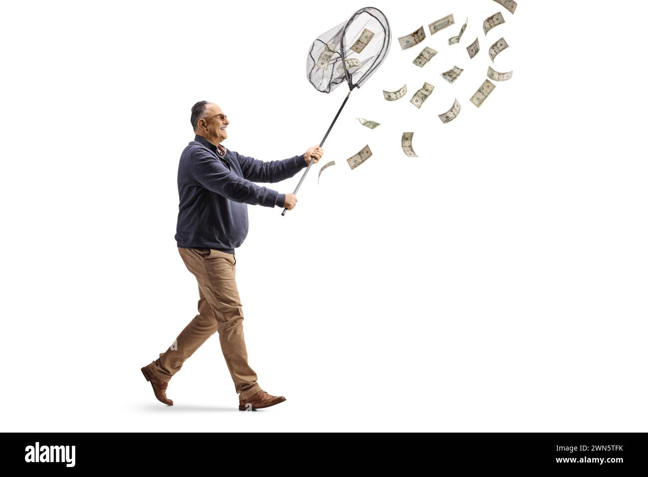 Mature man collecting money with a catching net isolated on white ...