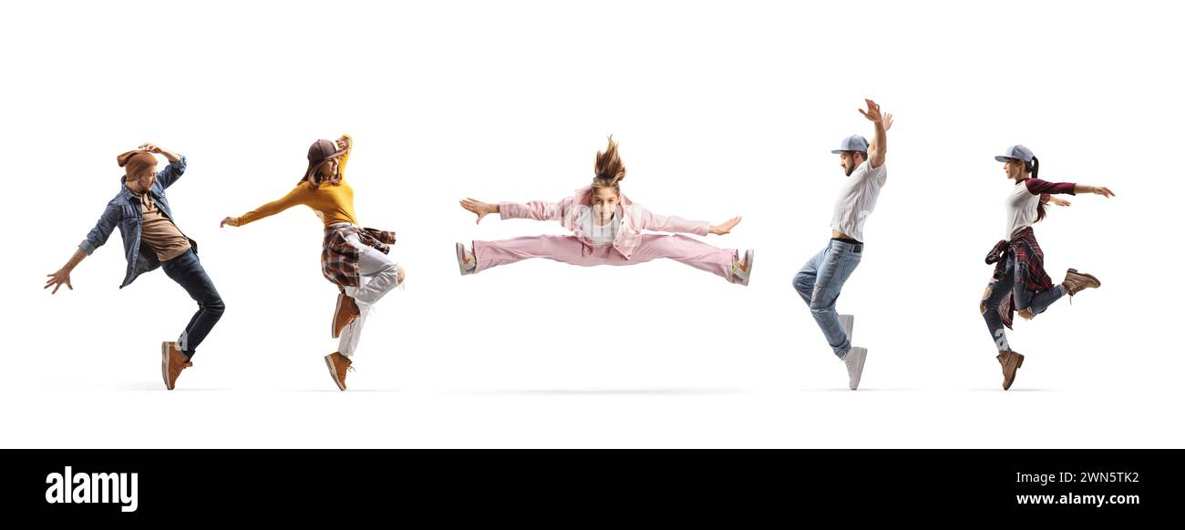 Girl making a split in the air between male and female dancers isolated ...