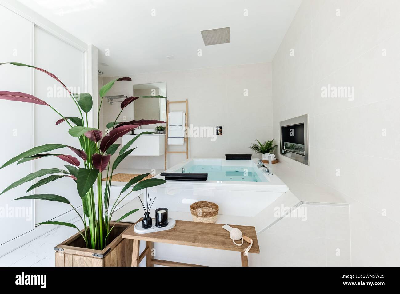 an image of a private double jacuzzi with fireplace in a large ...