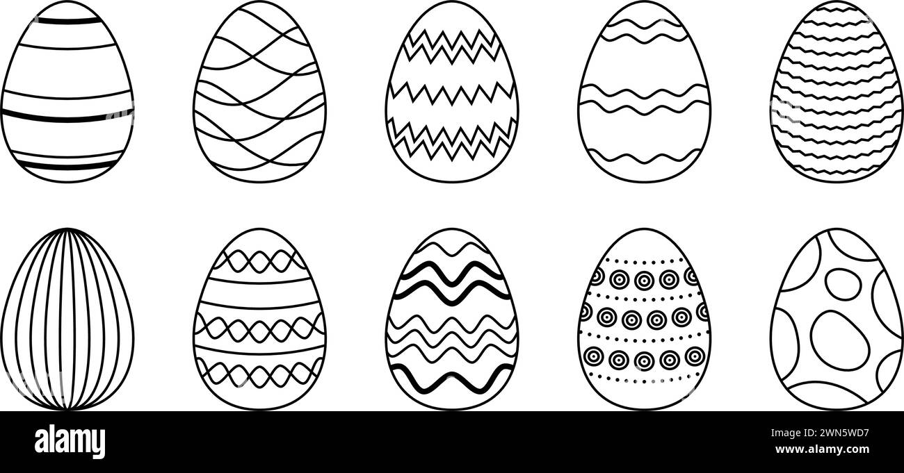 Black and white Easter eggs set. Spring linear egg icon collection with ...