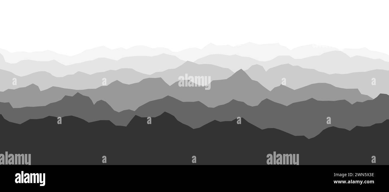 Black and white mountain range silhouettes. Gray panoramic landscape ...