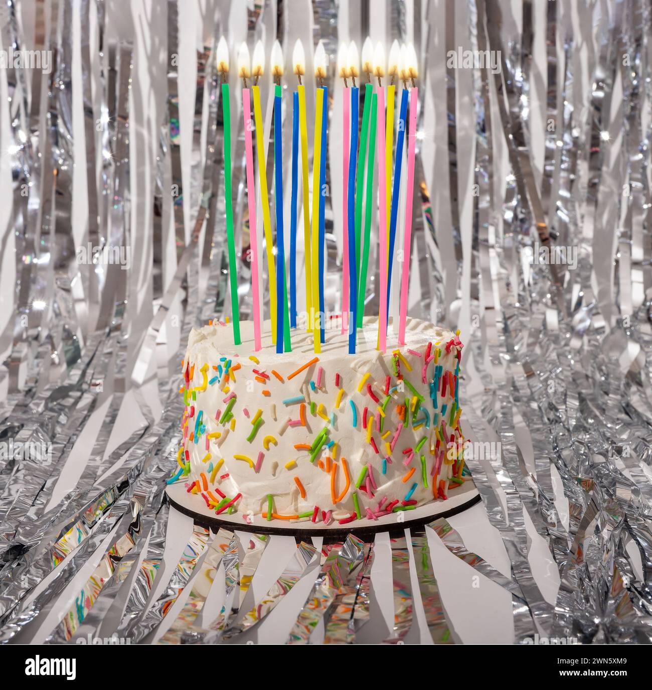 Birthday bento cake with many tall candles, silver glitter Stock Photo ...