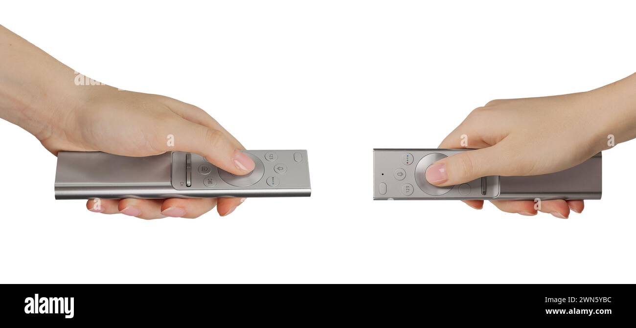 Hand holding remote control, TV switch isolated on white Stock Photo ...