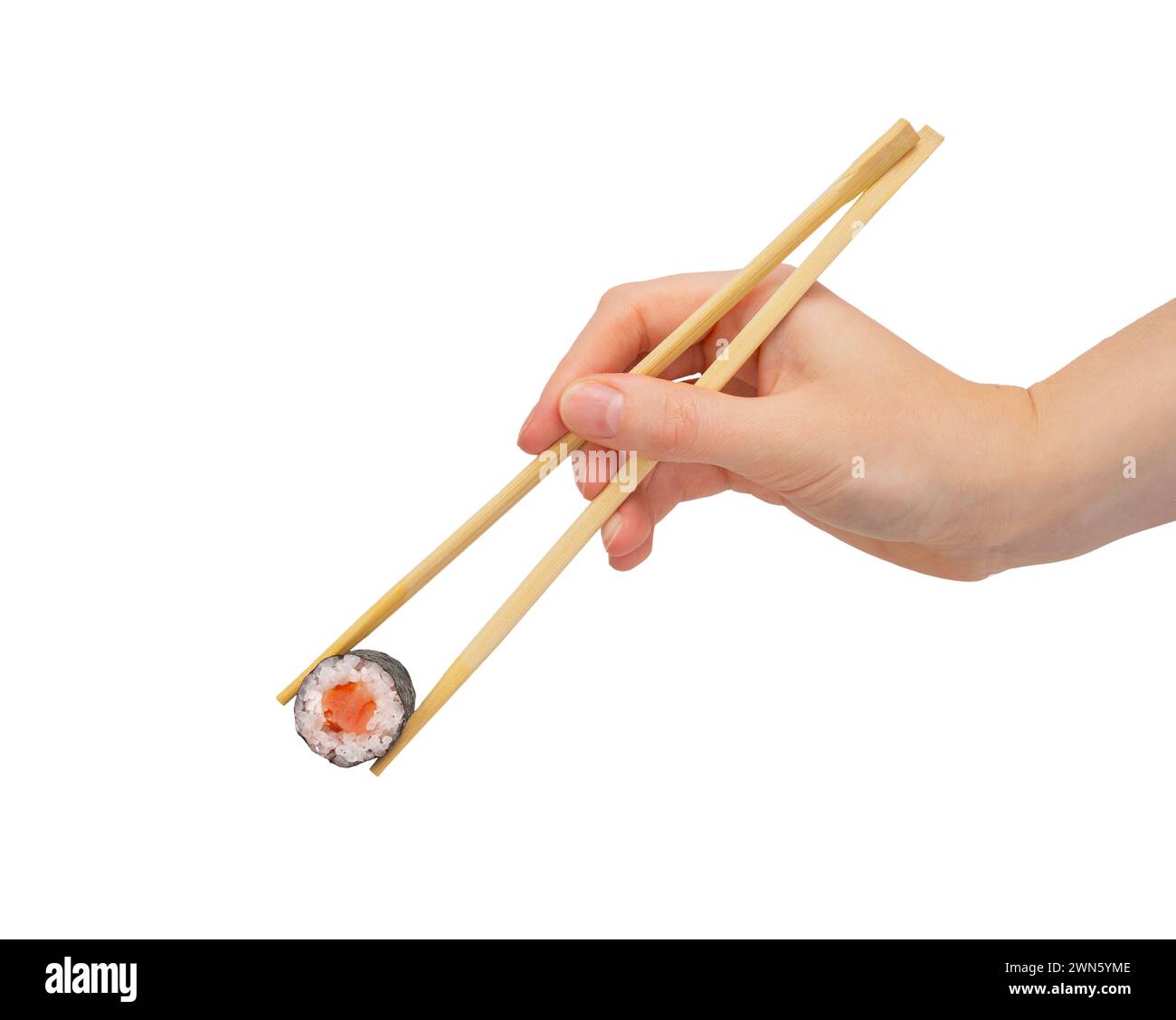 Hand with chopsticks taking maki roll, Japan sushi with salmon, isolated on white Stock Photo ...