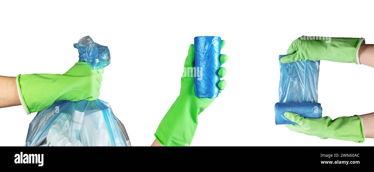 Trash bag in hand in rubber glove, garbage sack full of waste, plastic ...