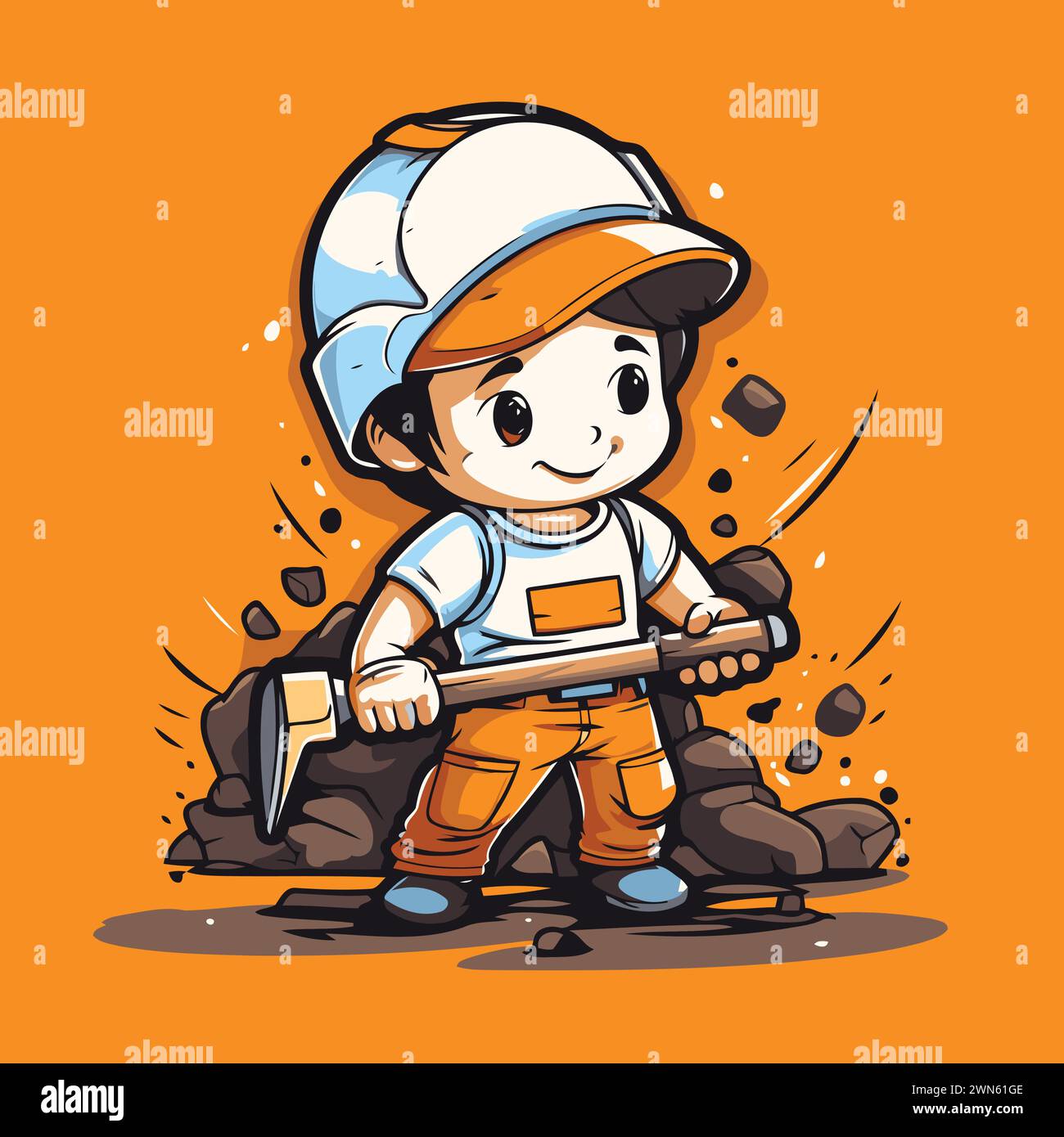Cartoon miner boy with a pickaxe. Vector illustration on orange ...