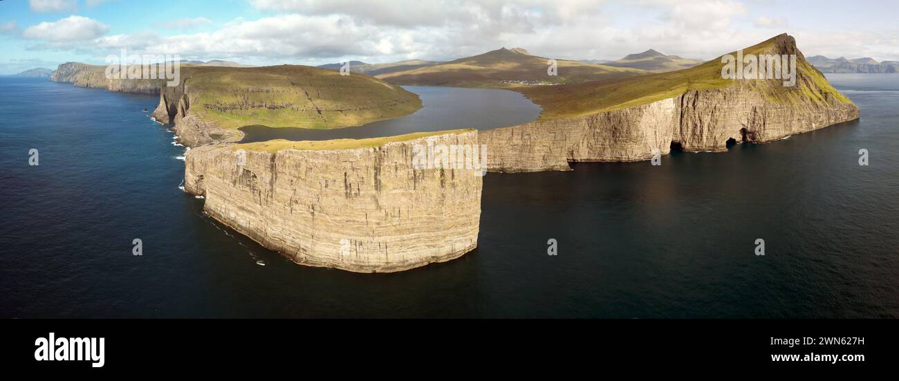 Aerial view of the beautiful scenery of the Faroe islands ...
