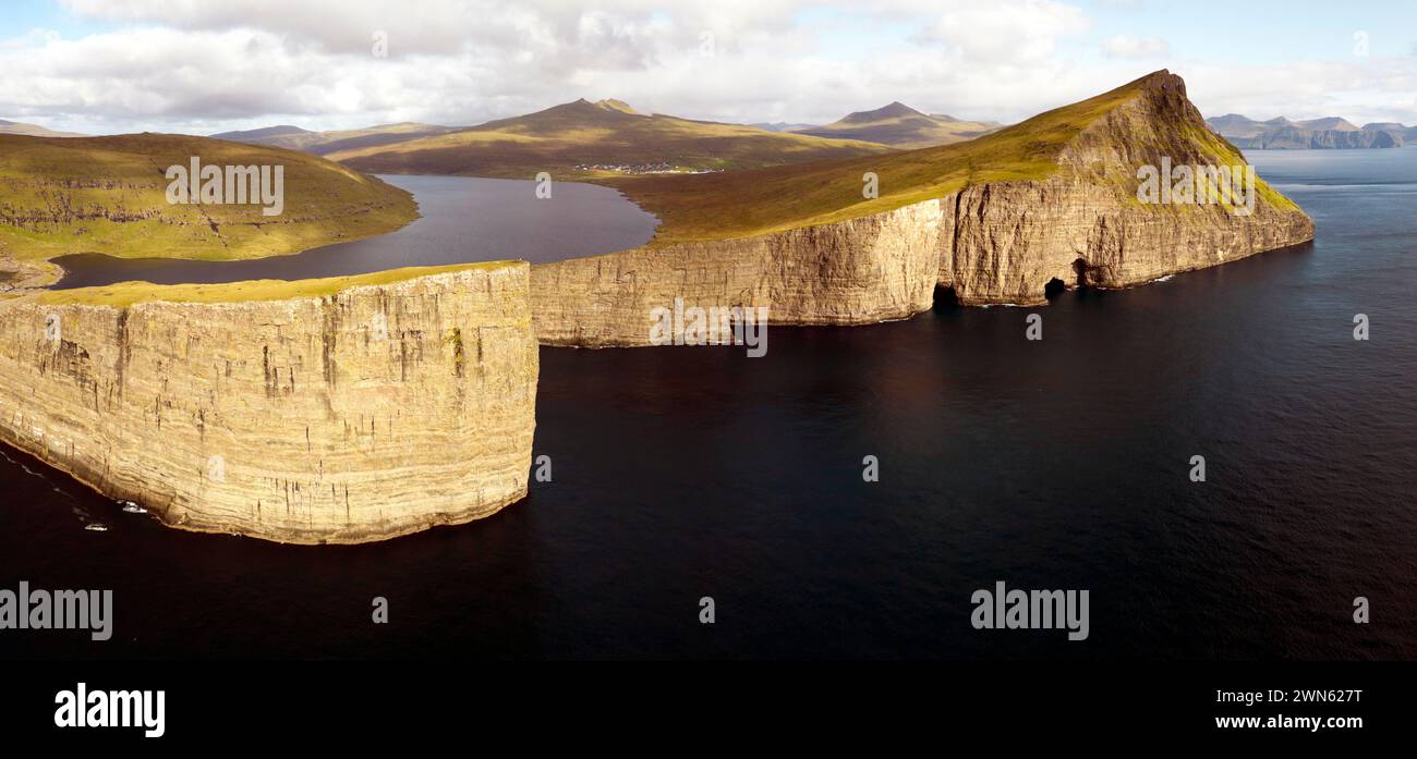 Aerial view of the beautiful scenery of the Faroe islands ...