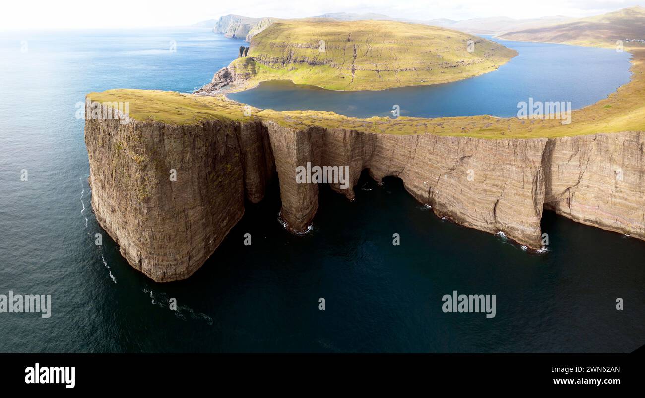 Aerial view of the beautiful scenery of the Faroe islands ...