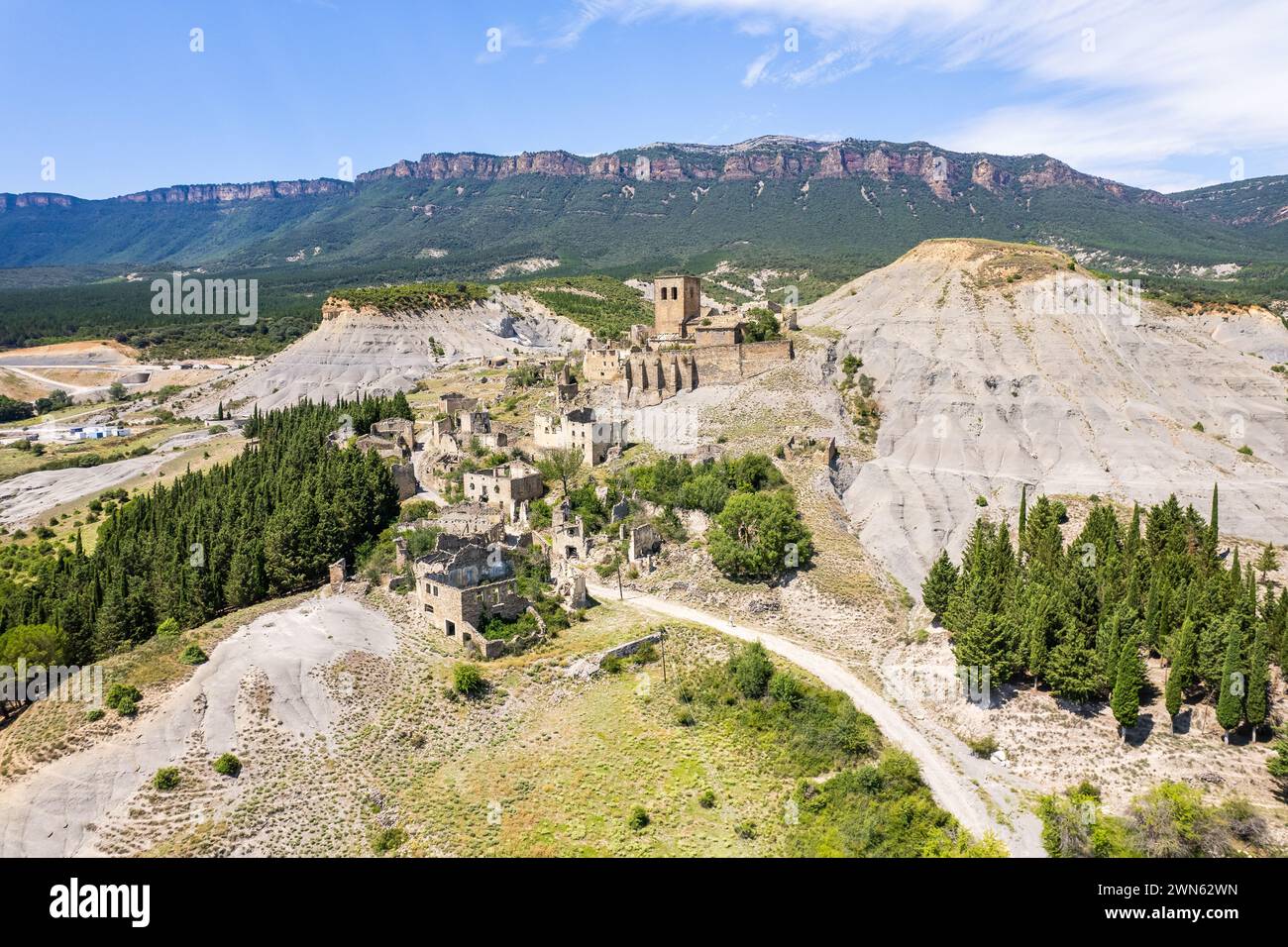 Aerial view of ruins of village of Escó by Yesa reservoir in Spain ...