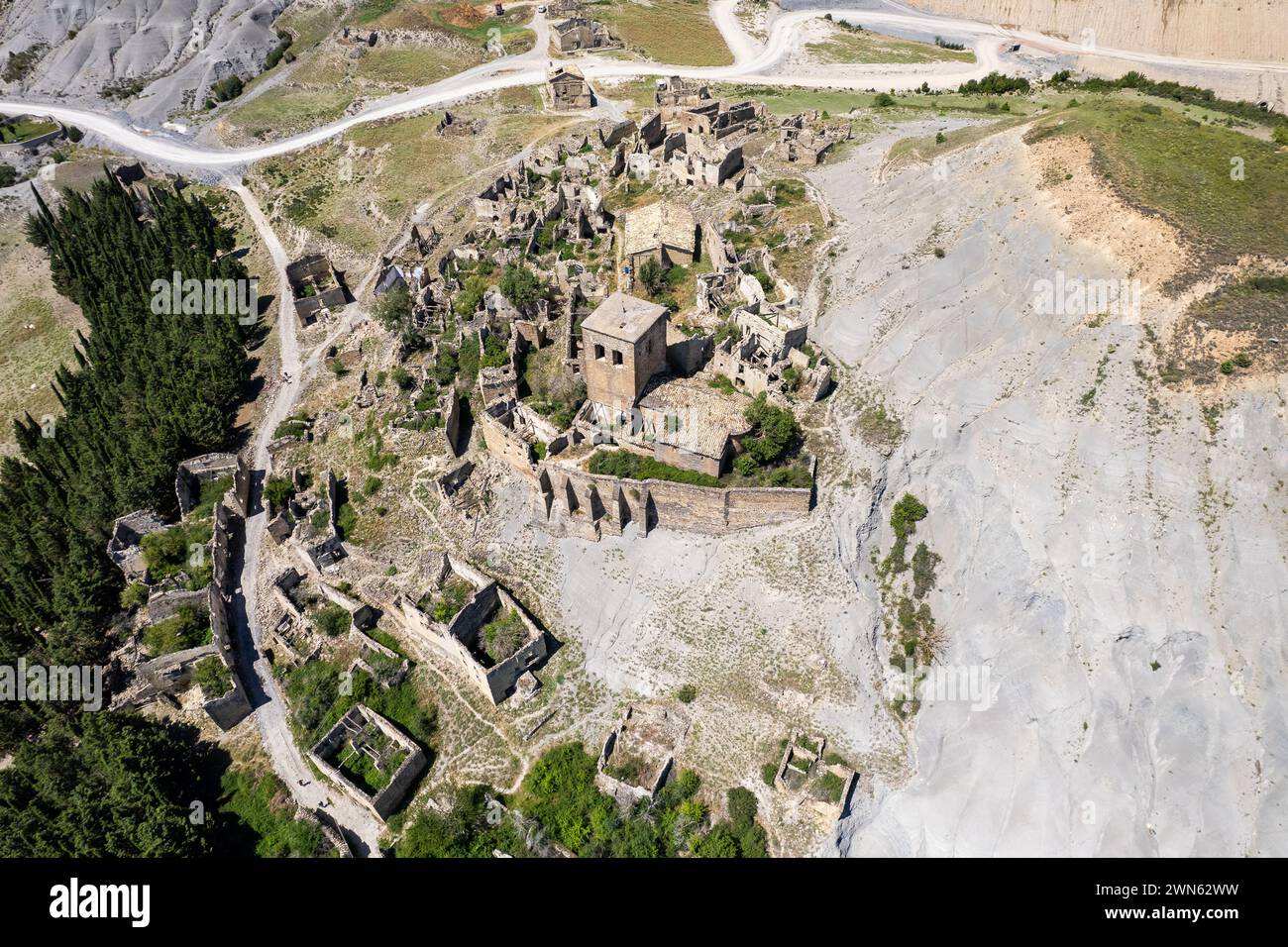 Aerial view of ruins of village of Escó by Yesa reservoir in Spain ...
