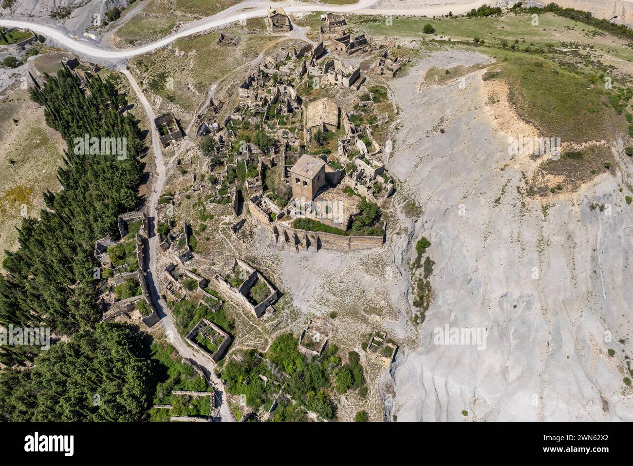 Aerial view of ruins of village of Escó by Yesa reservoir in Spain ...