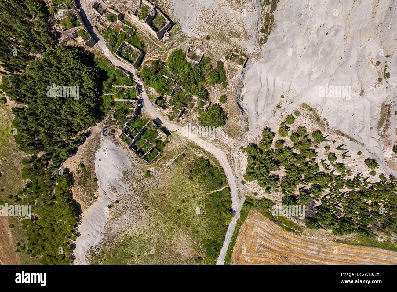 Aerial view of ruins of village of Escó by Yesa reservoir in Spain ...