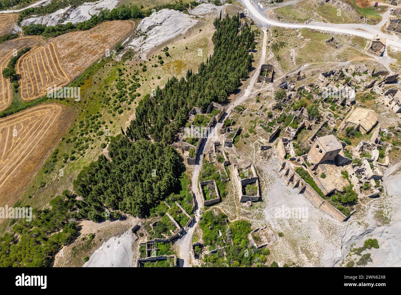 Aerial view of ruins of village of Escó by Yesa reservoir in Spain ...