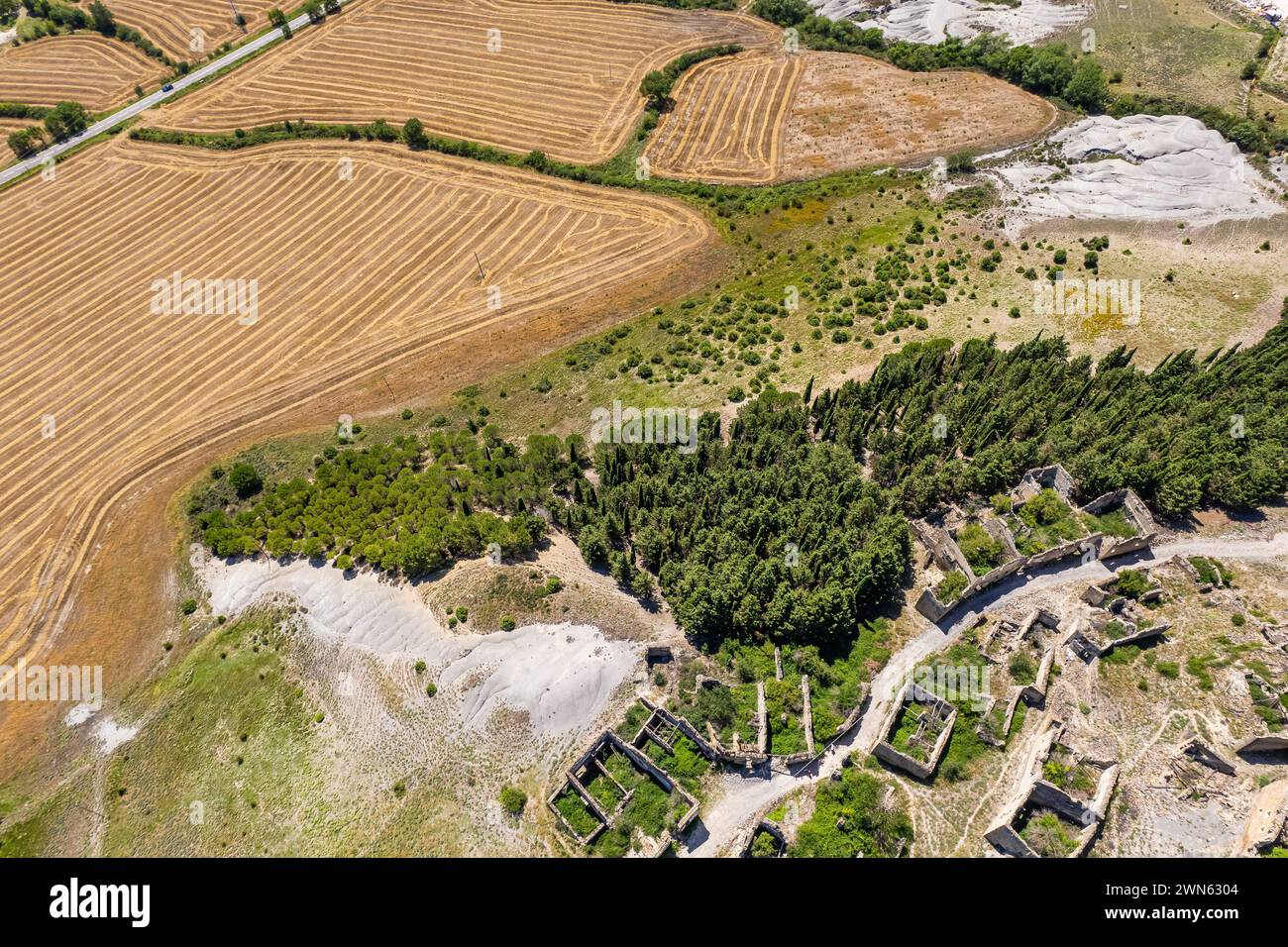 Aerial view of ruins of village of Escó by Yesa reservoir in Spain ...