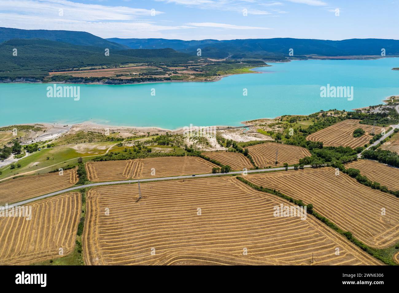 Aerial view of Yesa reservoir by abandoned village Esco in Spain ...