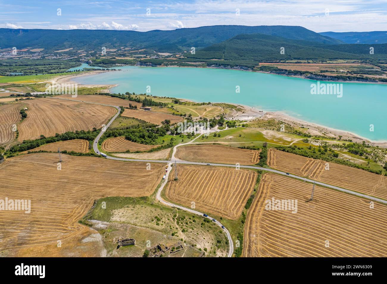Aerial view of Yesa reservoir by abandoned village Esco in Spain ...