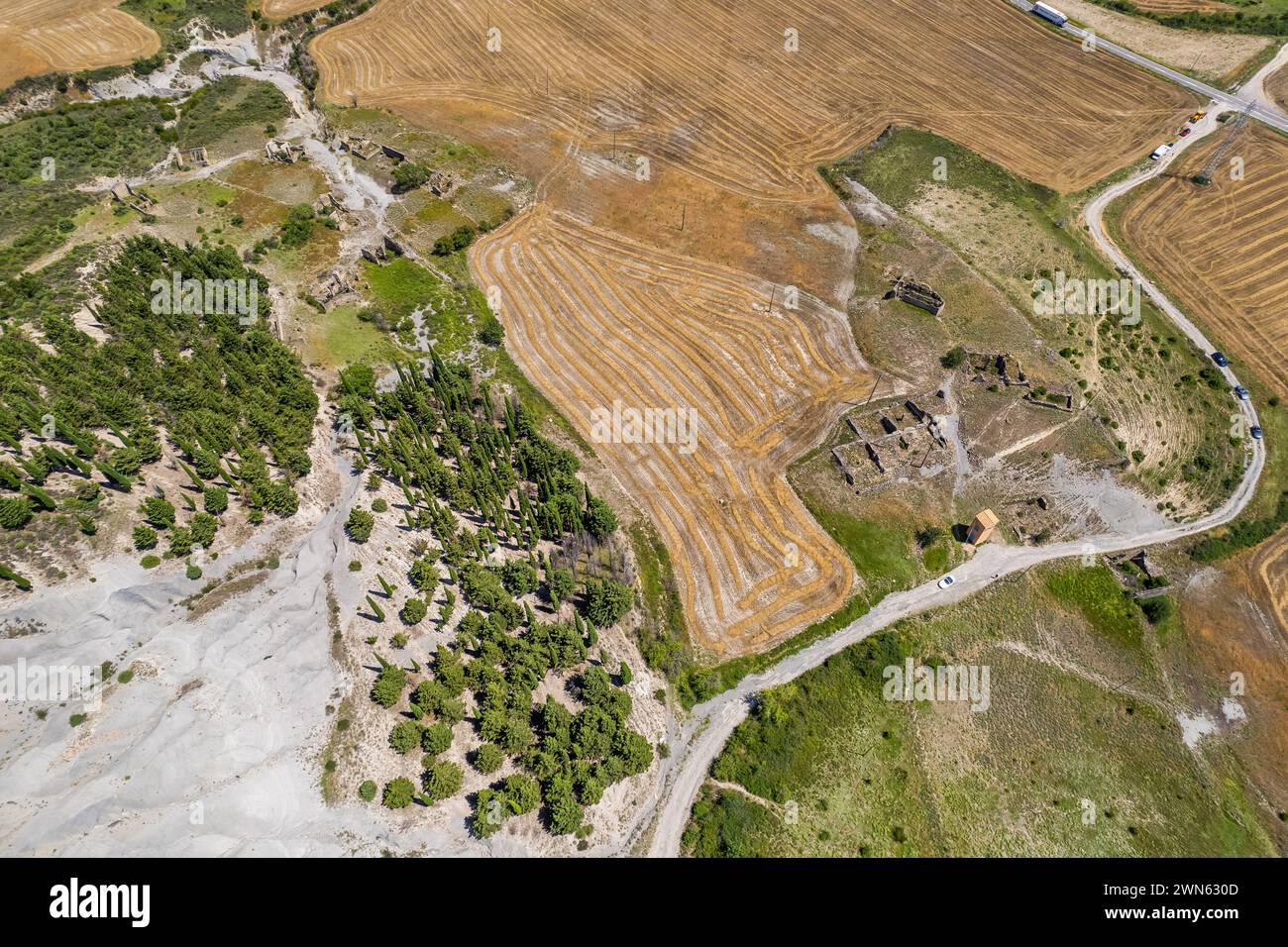 Aerial view land around ruins of village of Escó by Yesa reservoir in ...