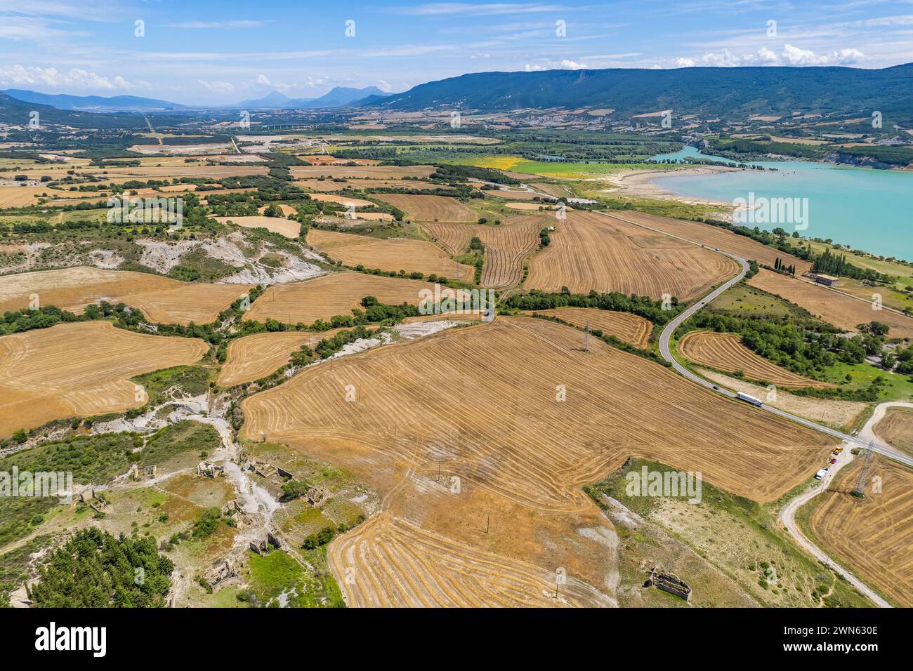 Aerial view of Yesa reservoir by abandoned village Esco in Spain ...