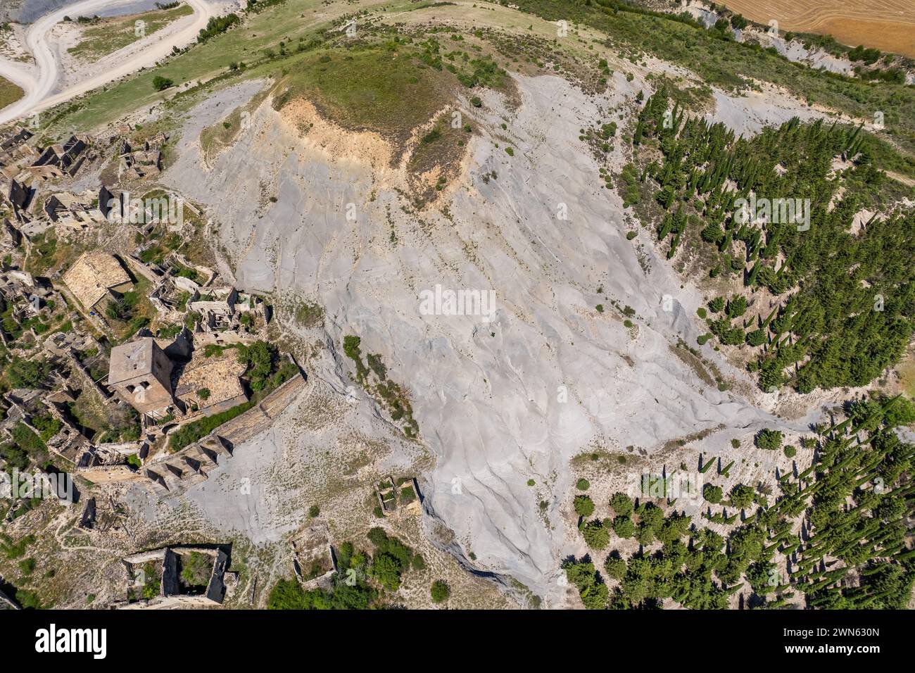 Aerial view of ruins of village of Escó by Yesa reservoir in Spain ...